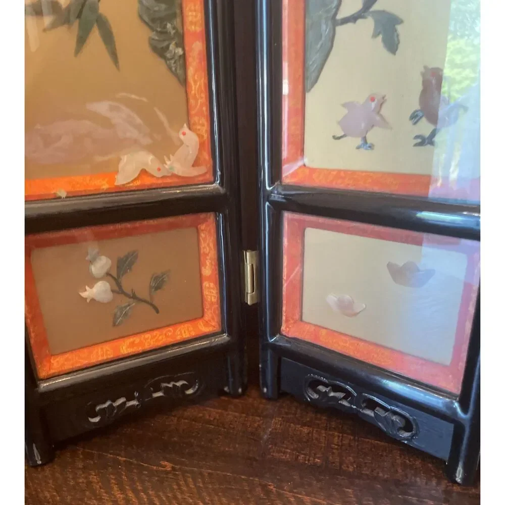 Accents | Chinese Lacquer Folding Table Screen Hand Carved Stone Shell ...